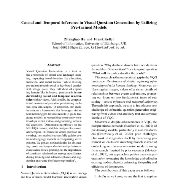 Causal and Temporal Inference in Visual Question Generation by Utilizing Pre-trained Models ...
