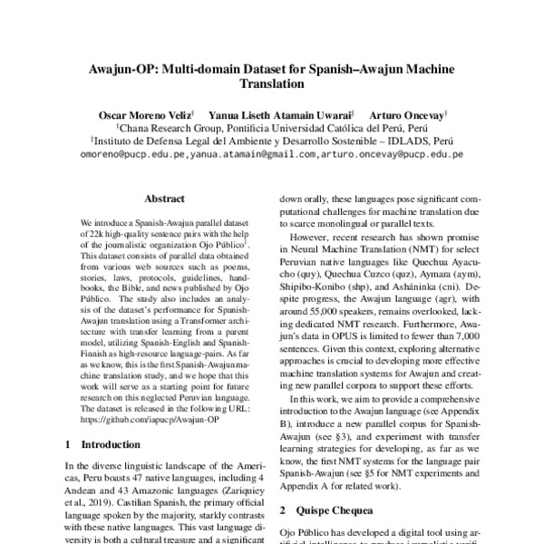 Awajun-OP: Multi-domain dataset for Spanish–Awajun Machine Translation - ACL Anthology