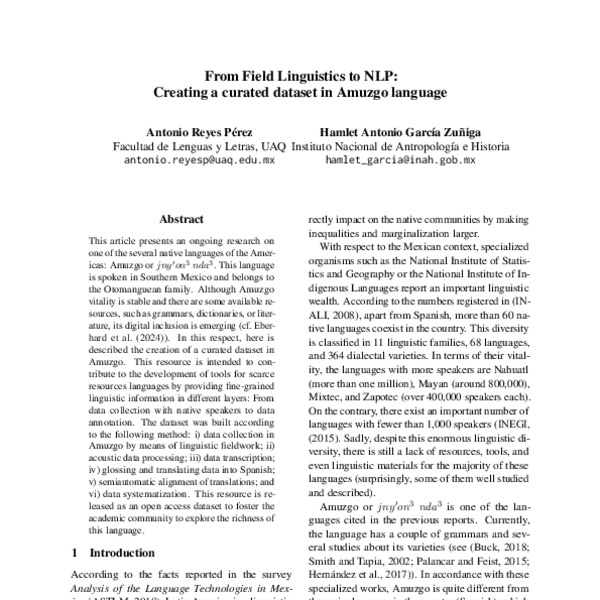 From Field Linguistics to NLP: Creating a curated dataset in Amuzgo language - ACL Anthology
