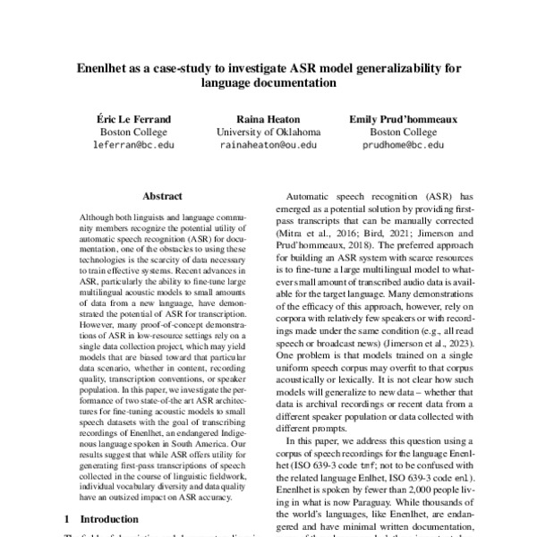 Enenlhet as a case-study to investigate ASR model generalizability for language documentation ...