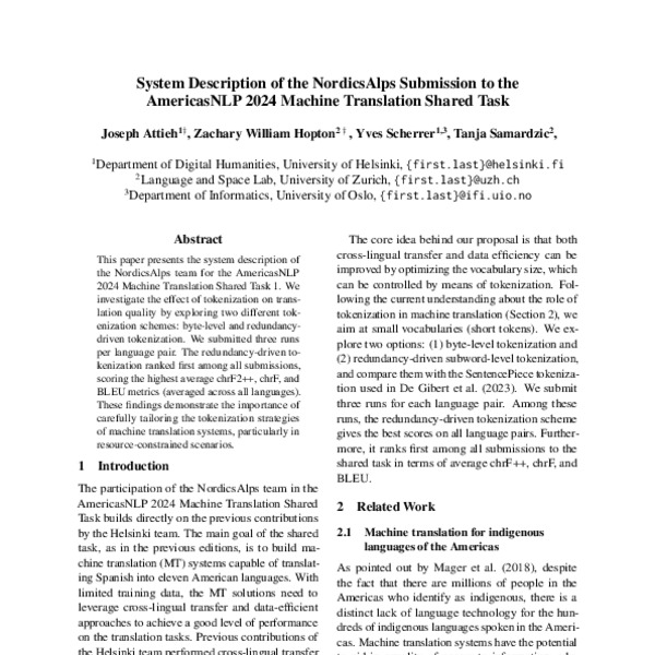 System Description of the NordicsAlps Submission to the AmericasNLP 2024 Machine Translation ...