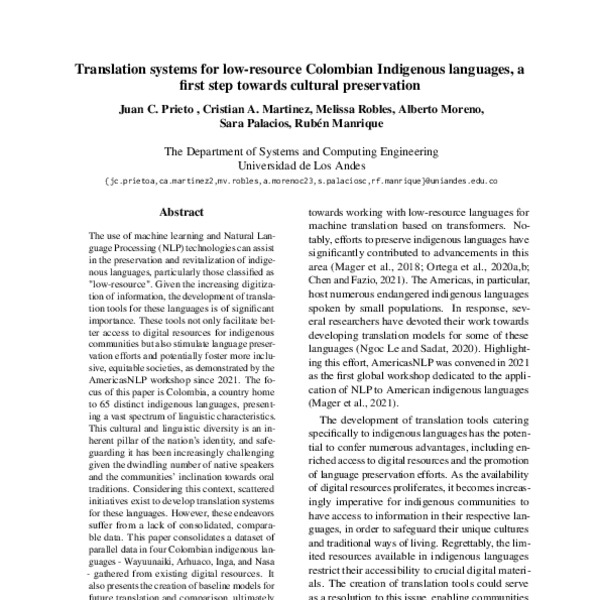 Translation systems for low-resource Colombian Indigenous languages, a first step towards ...
