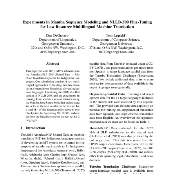 Experiments in Mamba Sequence Modeling and NLLB-200 Fine-Tuning for Low Resource Multilingual ...