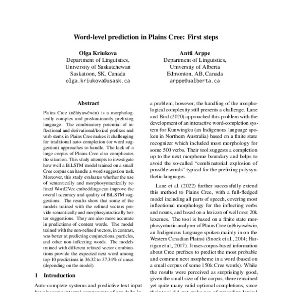 Word-level prediction in Plains Cree: First steps - ACL Anthology