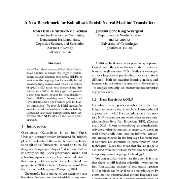 A New Benchmark for Kalaallisut-Danish Neural Machine Translation - ACL Anthology