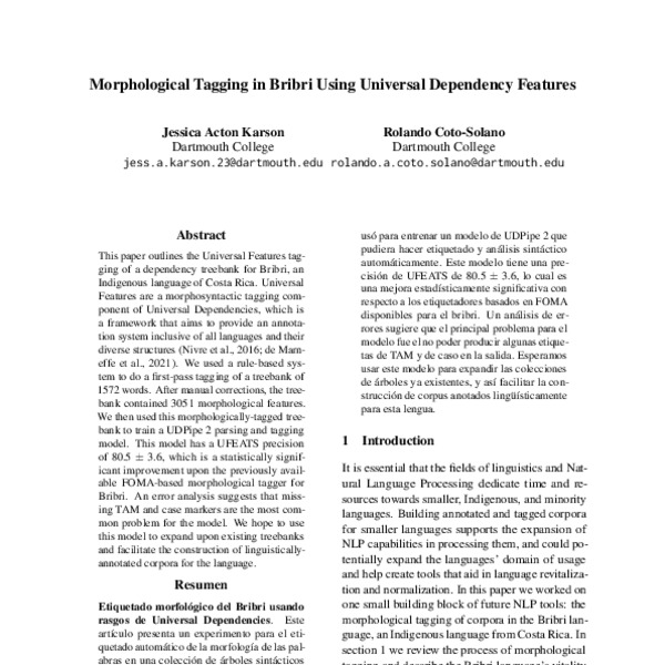 Morphological Tagging in Bribri Using Universal Dependency Features - ACL Anthology