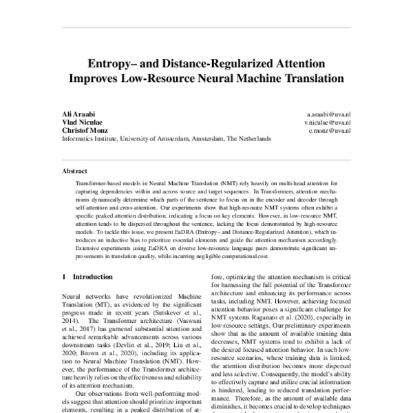 Entropy– and Distance-Regularized Attention Improves Low-Resource Neural Machine Translation ...