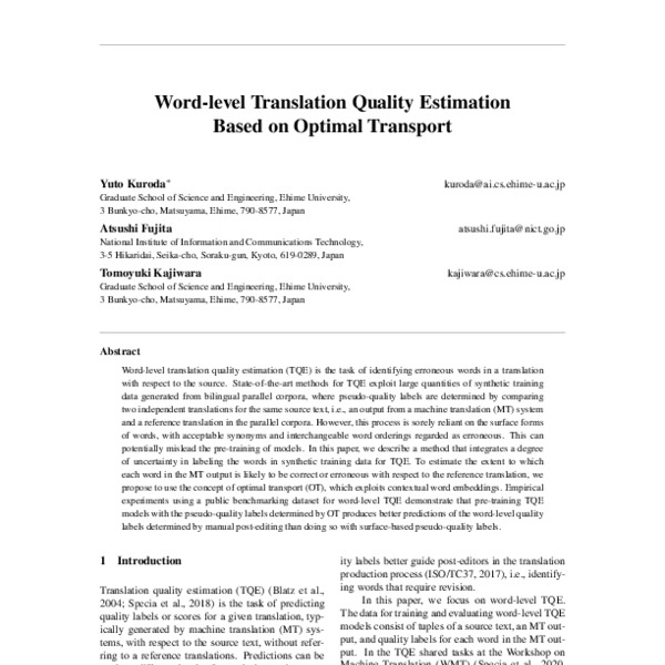 Word-level Translation Quality Estimation Based on Optimal Transport - ACL Anthology