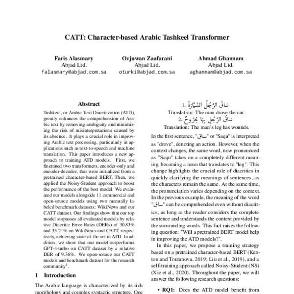 CATT: Character-based Arabic Tashkeel Transformer - ACL Anthology