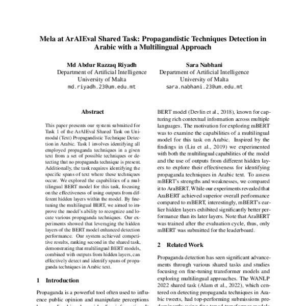 Mela at ArAIEval Shared Task: Propagandistic Techniques Detection in Arabic with a Multilingual ...