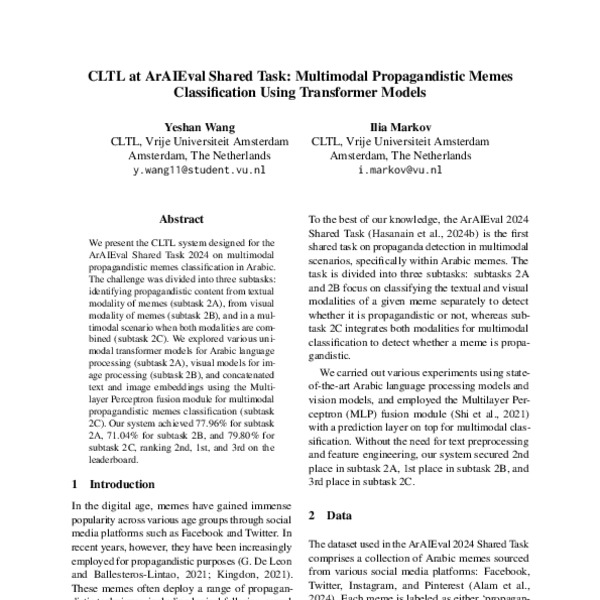 CLTL at ArAIEval Shared Task: Multimodal Propagandistic Memes Classification Using Transformer ...