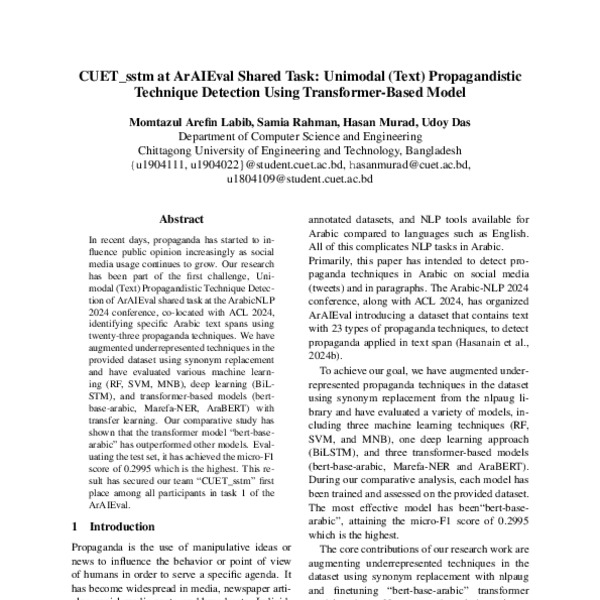 CUET_sstm at ArAIEval Shared Task: Unimodal (Text) Propagandistic Technique Detection Using ...
