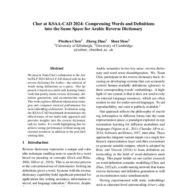 Cher at KSAA-CAD 2024: Compressing Words and Definitions into the Same Space for Arabic Reverse ...