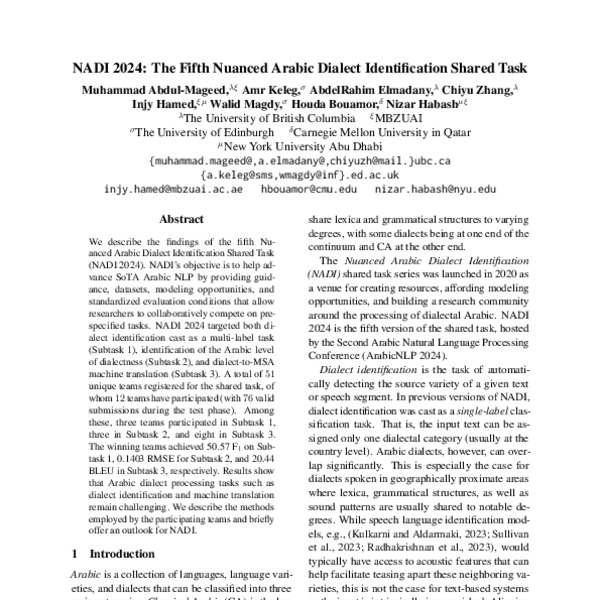 NADI 2024: The Fifth Nuanced Arabic Dialect Identification Shared Task - ACL Anthology