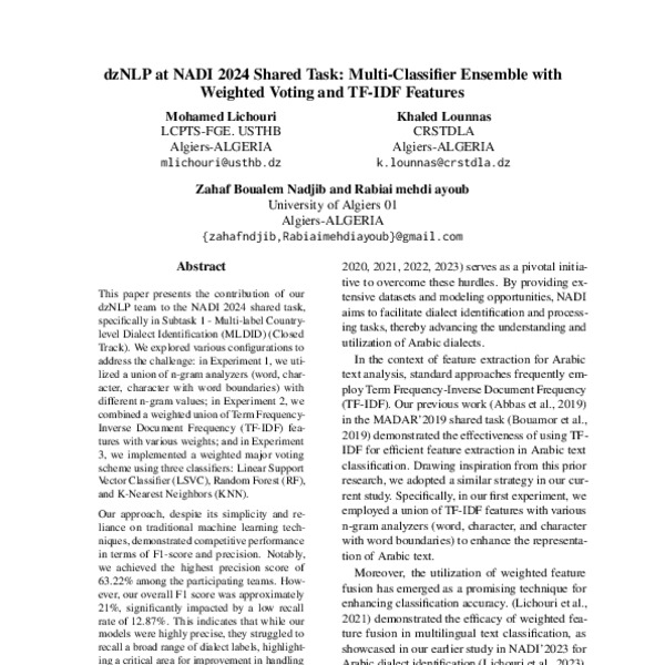 dzNLP at NADI 2024 Shared Task: Multi-Classifier Ensemble with Weighted Voting and TF-IDF ...