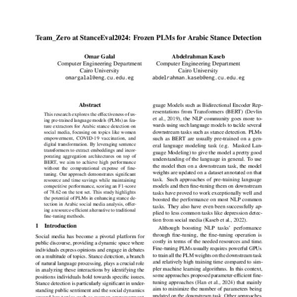 Team_Zero at StanceEval2024: Frozen PLMs for Arabic Stance Detection ...