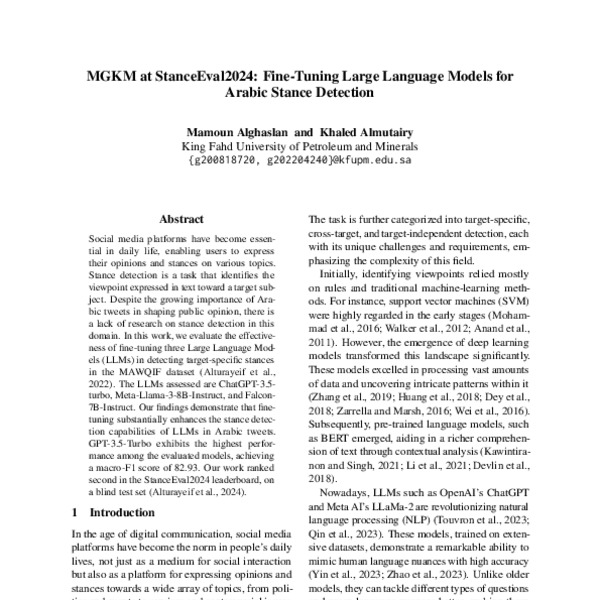 Mgkm At Stanceeval2024 Fine Tuning Large Language Models For Arabic