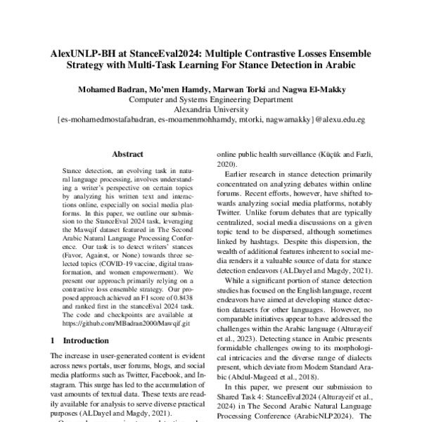 AlexUNLP-BH at StanceEval2024: Multiple Contrastive Losses Ensemble Strategy with Multi-Task ...
