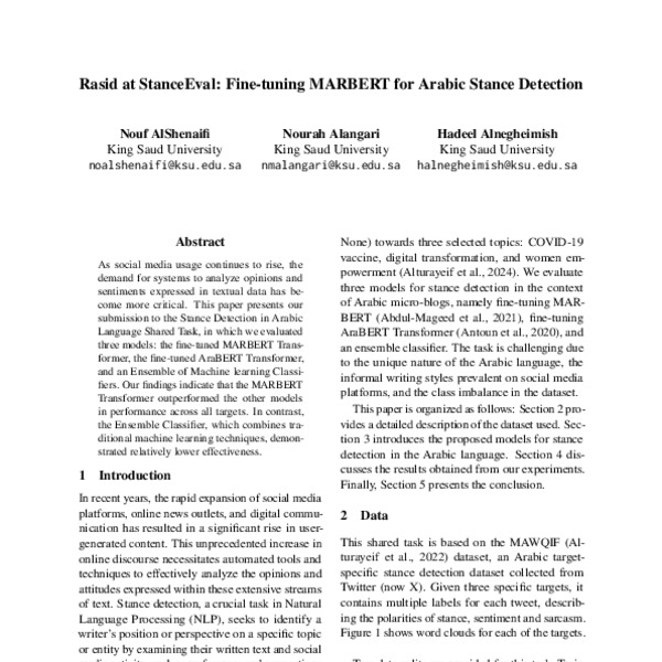 Rasid at StanceEval: Fine-tuning MARBERT for Arabic Stance Detection ...