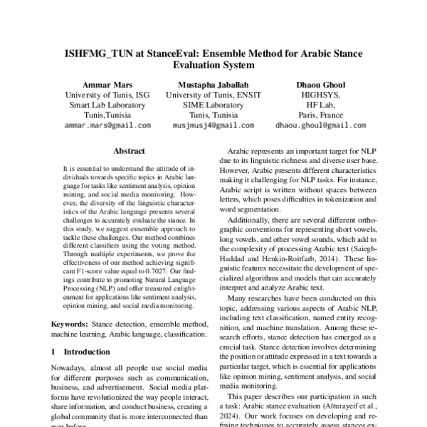 ISHFMG_TUN at StanceEval: Ensemble Method for Arabic Stance Evaluation ...