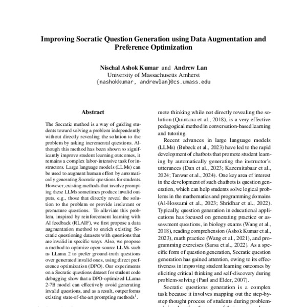 Improving Socratic Question Generation using Data Augmentation and Preference Optimization - ACL ...