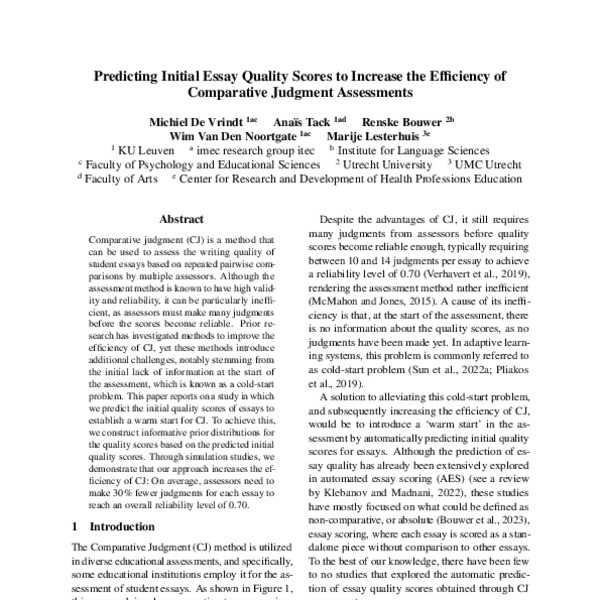 Predicting Initial Essay Quality Scores to Increase the Efficiency of ...