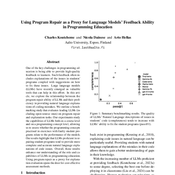 Using Program Repair as a Proxy for Language Models’ Feedback Ability in Programming Education ...