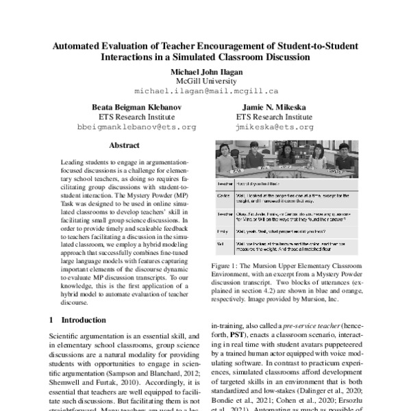Automated Evaluation of Teacher Encouragement of Student-to-Student ...