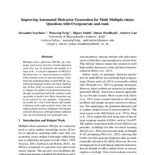 Improving Automated Distractor Generation For Math Multiple Choice