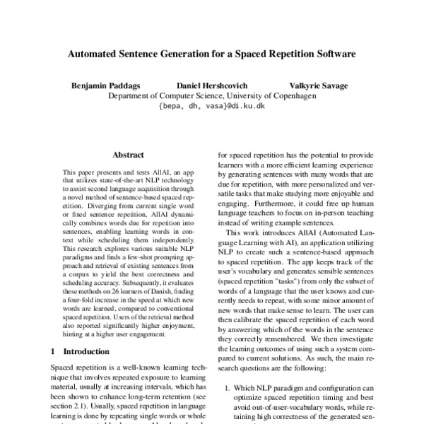 Automated Sentence Generation for a Spaced Repetition Software - ACL ...