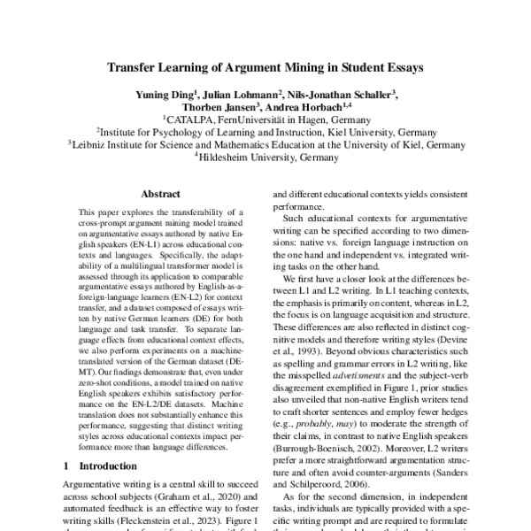 Transfer Learning of Argument Mining in Student Essays - ACL Anthology