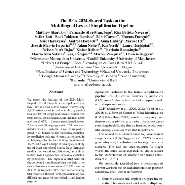 The BEA 2024 Shared Task on the Multilingual Lexical Simplification Pipeline - ACL Anthology