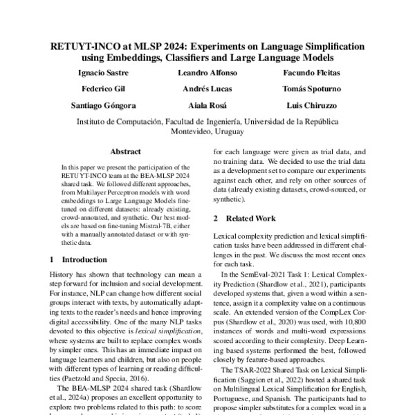 RETUYT-INCO at MLSP 2024: Experiments on Language Simplification using Embeddings, Classifiers ...