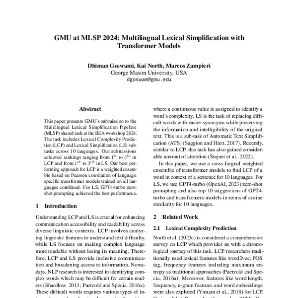 GMU at MLSP 2024: Multilingual Lexical Simplification with Transformer Models - ACL Anthology