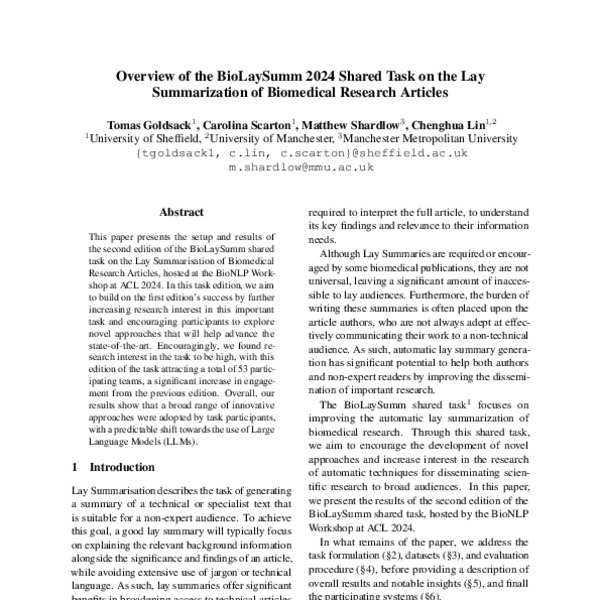 Overview of the BioLaySumm 2024 Shared Task on the Lay Summarization of Biomedical Research ...