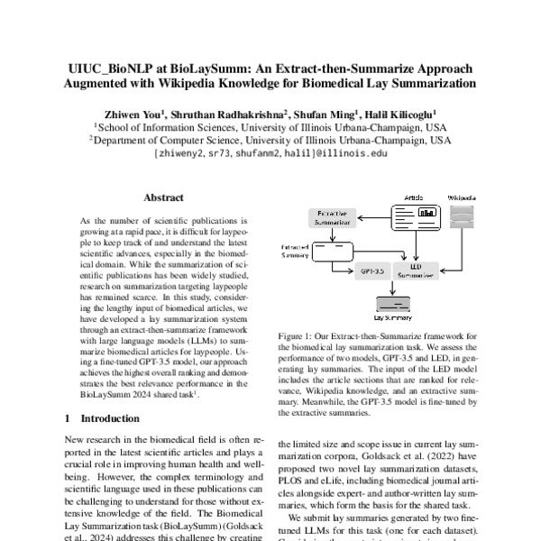 Uiucbionlp At Biolaysumm An Extract Then Summarize Approach Augmented With Wikipedia Knowledge