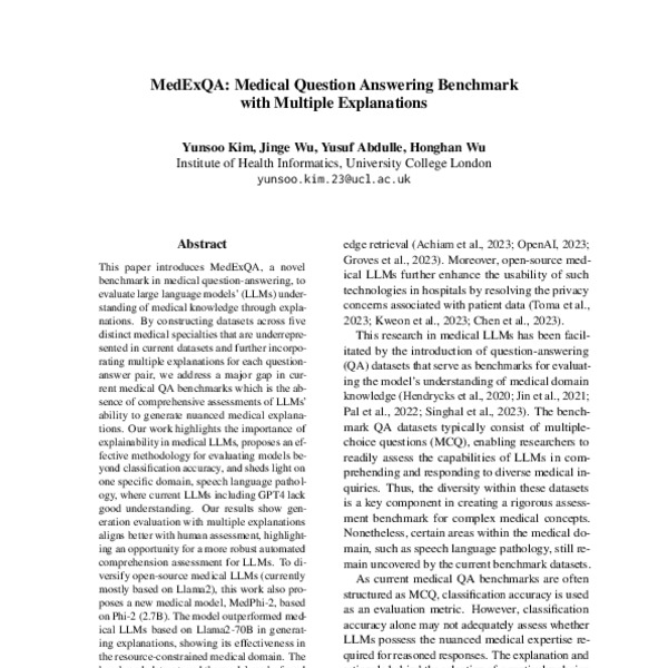 MedExQA: Medical Question Answering Benchmark with Multiple Explanations - ACL Anthology