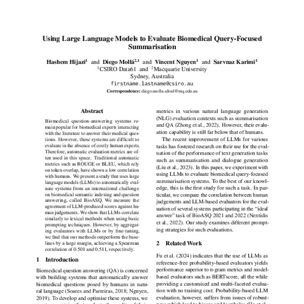 Using Large Language Models To Evaluate Biomedical Query Focused Summarisation Acl Anthology