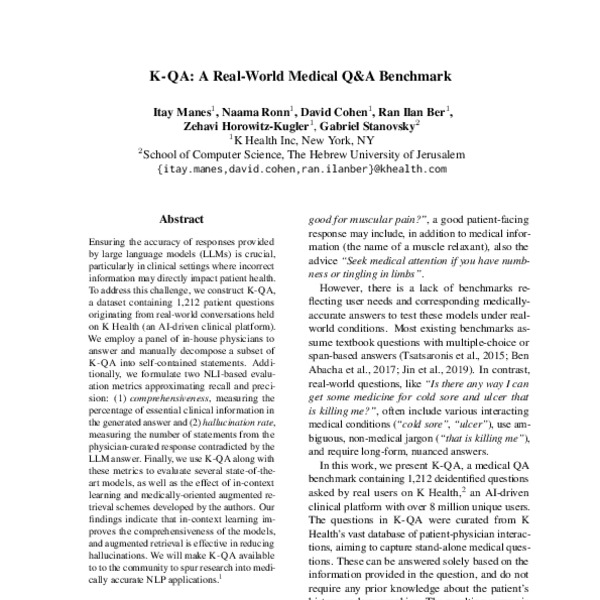 K-QA: A Real-World Medical Q&A Benchmark - ACL Anthology