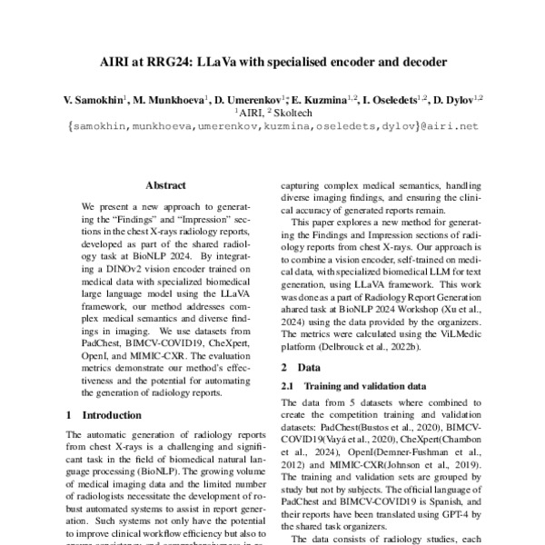 AIRI at RRG24: LLaVa with specialised encoder and decoder - ACL Anthology