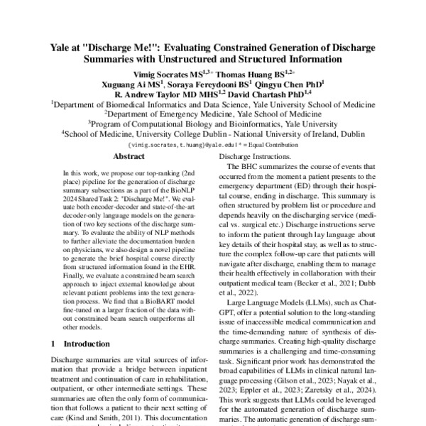 Yale at “Discharge Me!”: Evaluating Constrained Generation of Discharge ...