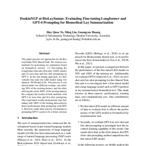 DeakinNLP at BioLaySumm: Evaluating Fine-tuning Longformer and GPT-4 Prompting for Biomedical ...