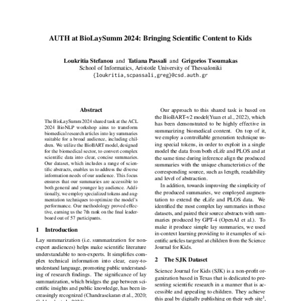 AUTH at BioLaySumm 2024: Bringing Scientific Content to Kids - ACL Anthology