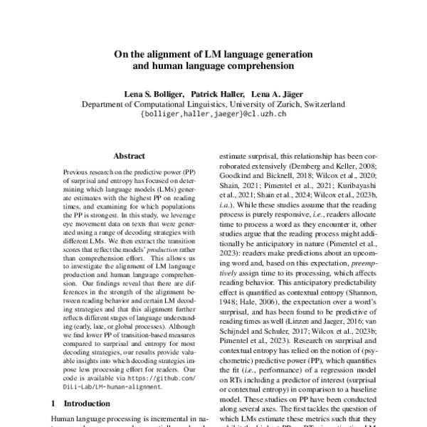 On the alignment of LM language generation and human language comprehension - ACL Anthology