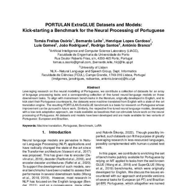 PORTULAN ExtraGLUE Datasets and Models: Kick-starting a Benchmark for the Neural Processing of ...