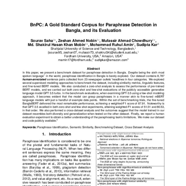 BnPC: A Gold Standard Corpus for Paraphrase Detection in Bangla, and ...