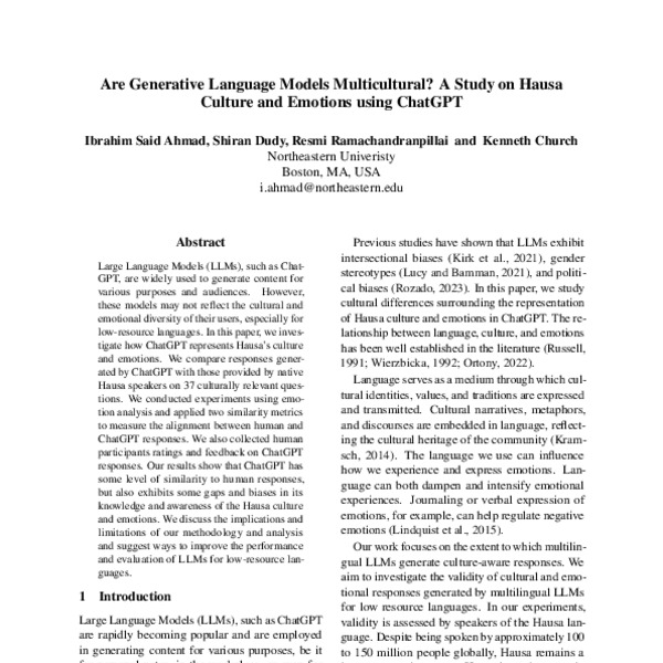 Are Generative Language Models Multicultural? A Study on Hausa Culture and Emotions using ...