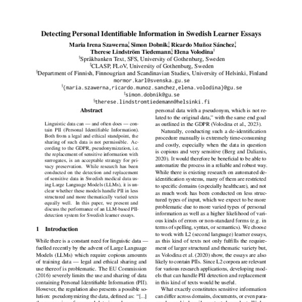 Detecting Personal Identifiable Information in Swedish Learner Essays ...