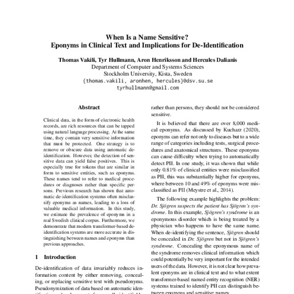When Is a Name Sensitive? Eponyms in Clinical Text and Implications for ...