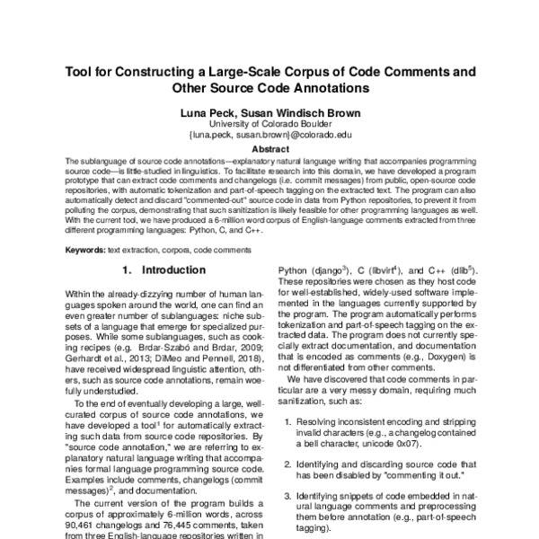 Tool For Constructing A Large Scale Corpus Of Code Comments And Other Source Code Annotations 3460